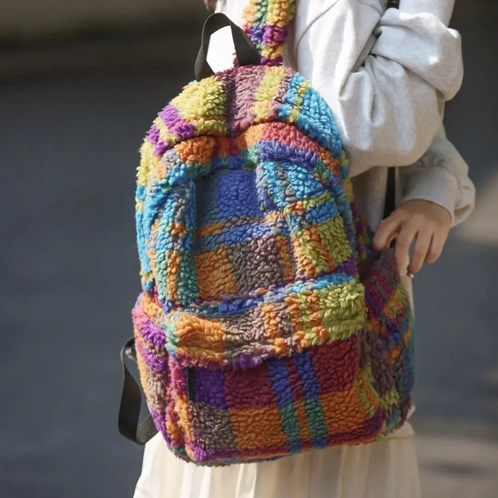 Colorful-Plaid-Lamb-Fleece-Backpack-Korean-Style-Winter-Student-Plush ...