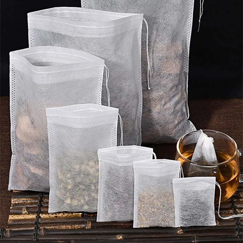 100pcs Disposable Tea Bags Non-woven Fabric Empty Pocket String Bag Tea ...
