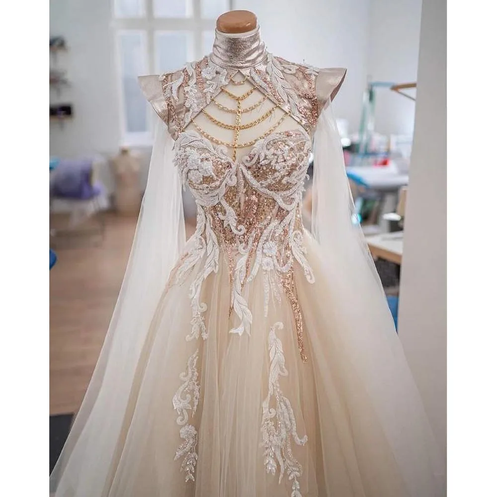 Elegant-High-Collar-Beading-Sequined-Prom-Dress-Beige-Fashion-Long ...