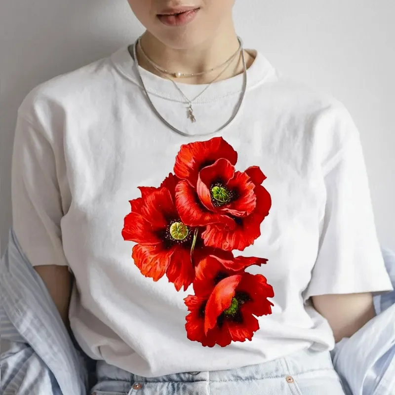 Fashion Red Poppy Flower Women T Shirt Funny Tops Tee Female Short ...