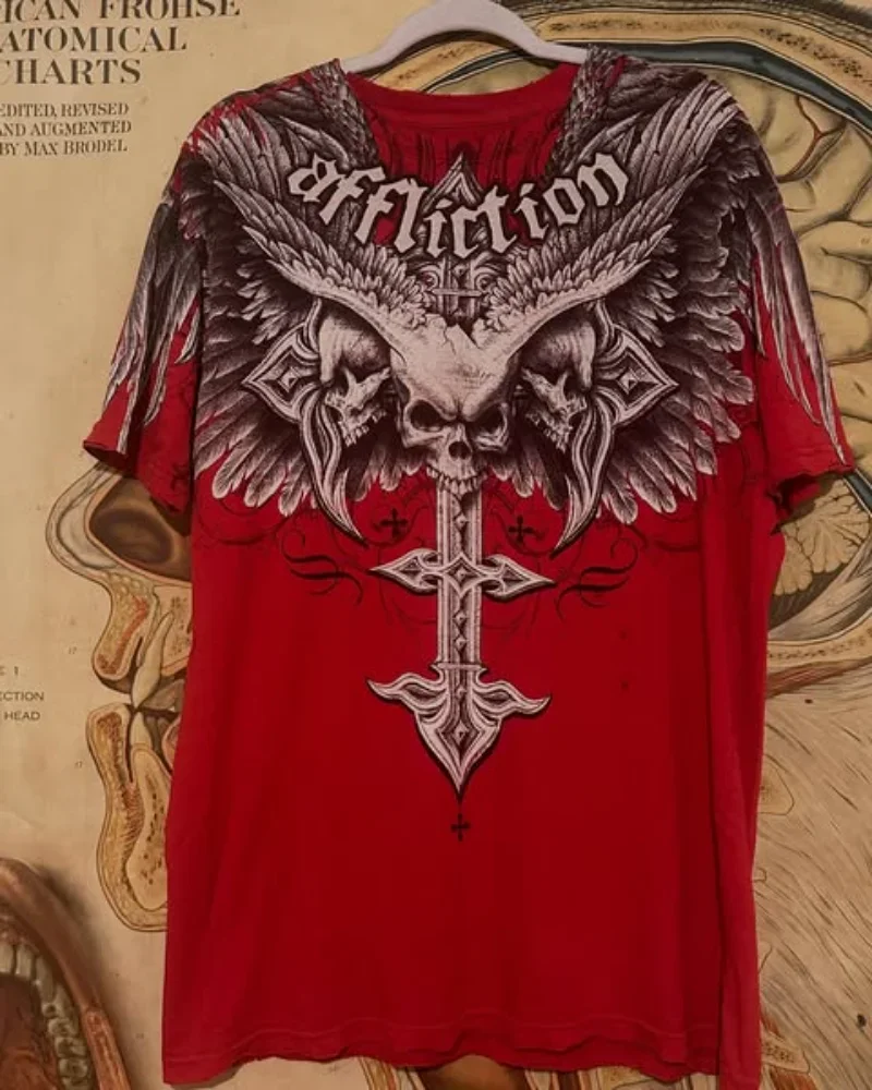 Affliction Gothic T-Shirt for Men Red Wings Skull Vintage Graphic Tee ...