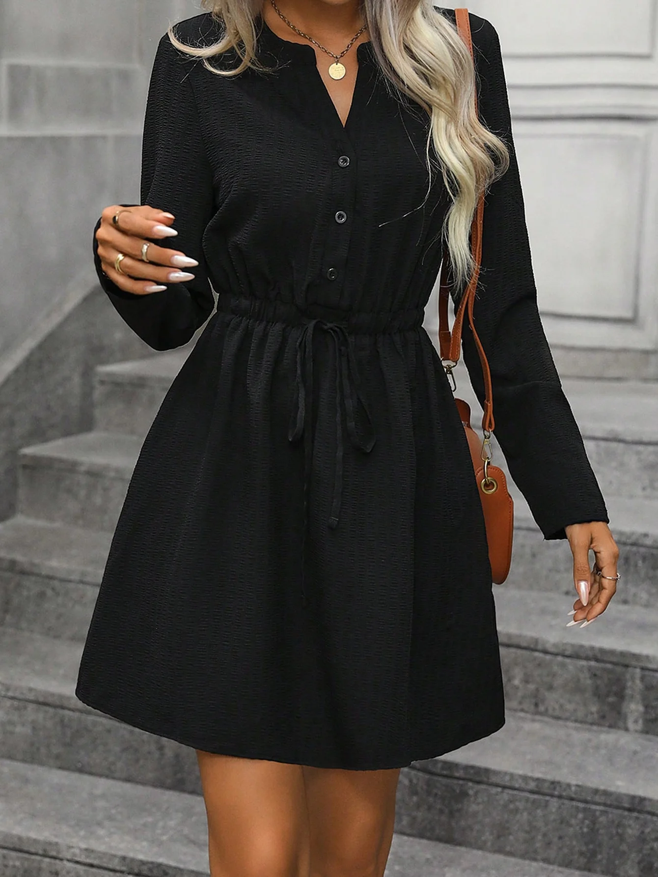 Finjani-Women-s-Dress-Notched-Neckline-Drawstring-Waist-Dress-Solid ...