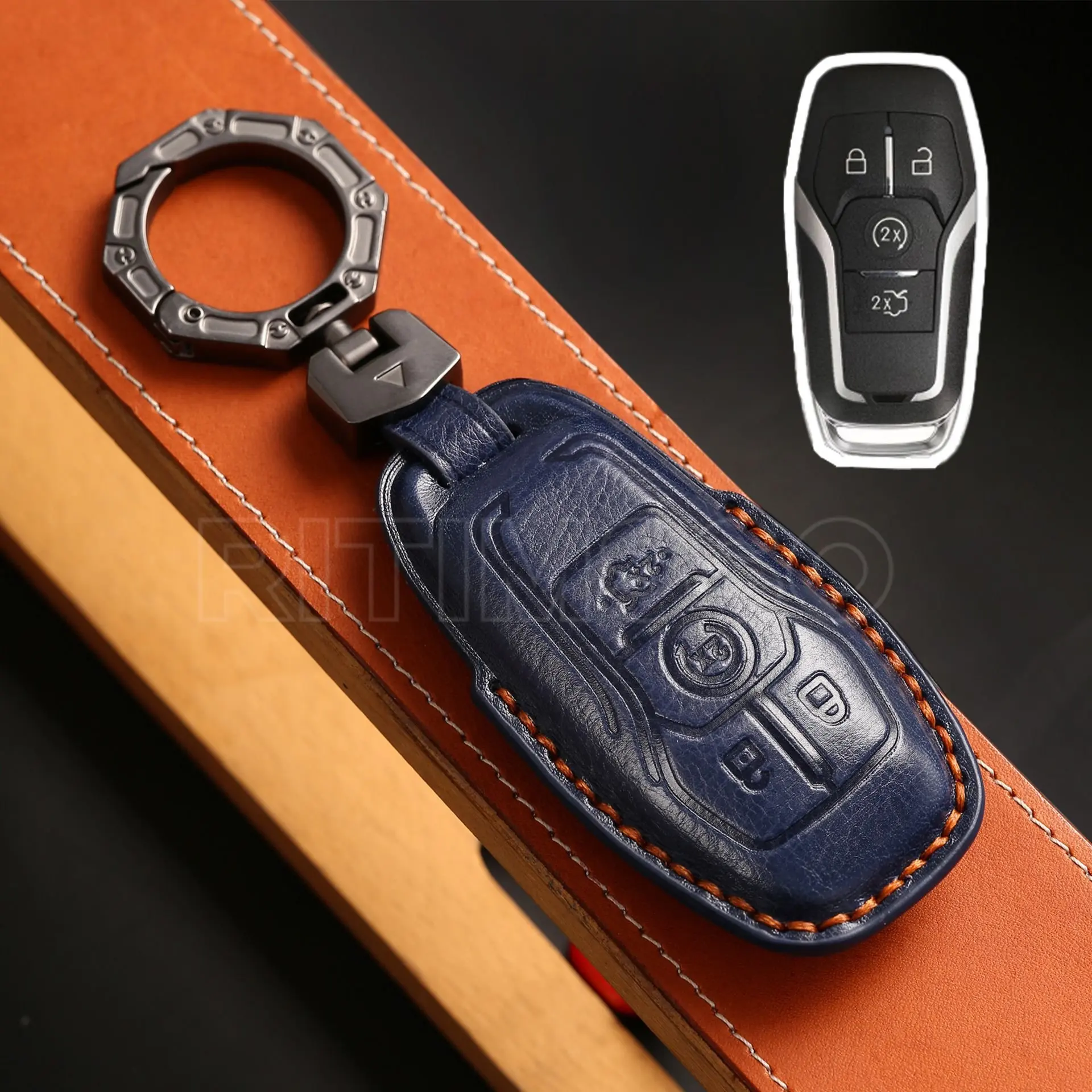Leather-Car-Key-Case-Cover-Shell-Fob-Holder-Keychain-For-Ford-Fusion ...