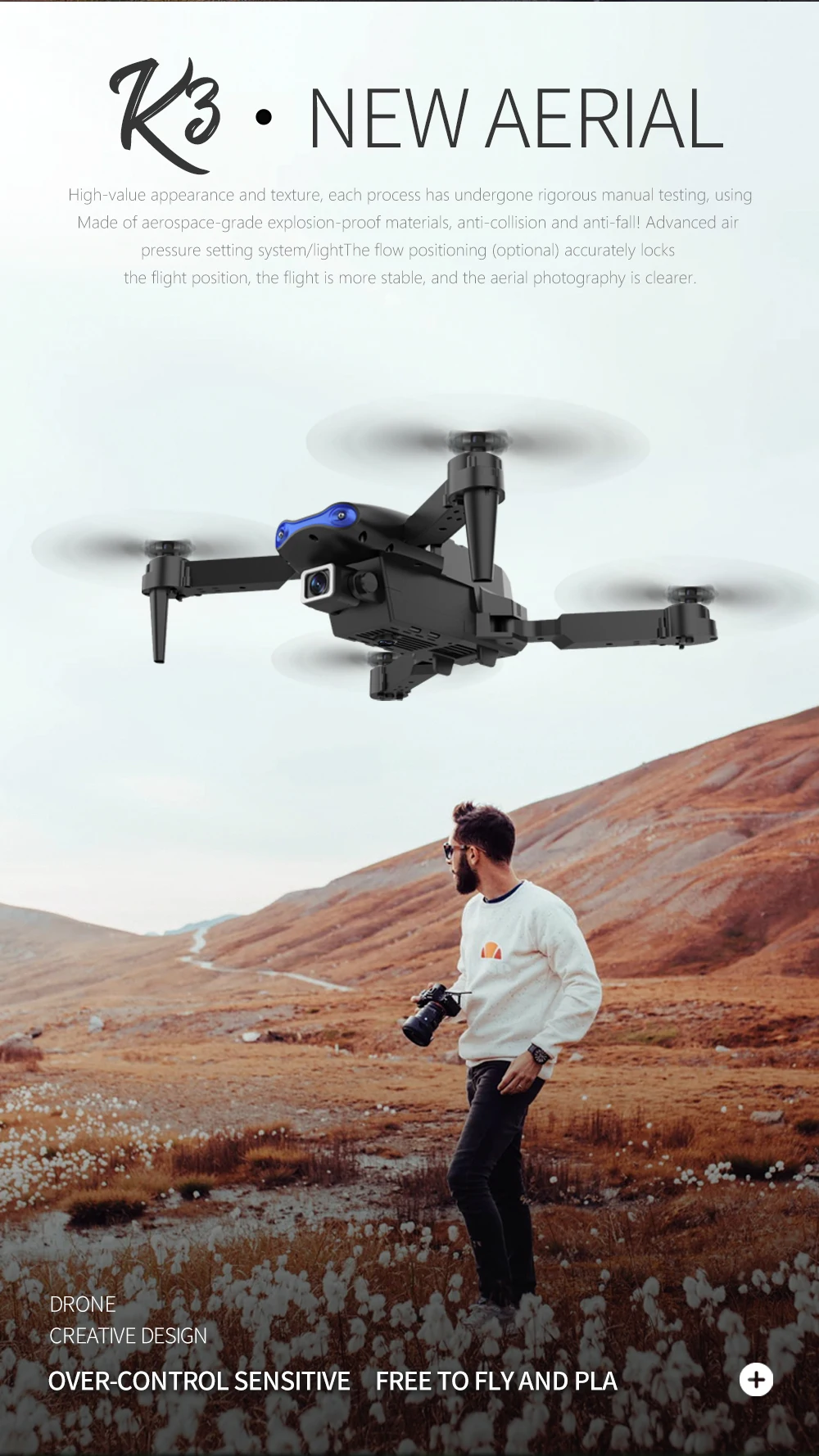 4K-Gris-3B-Mini Drone UAV K3 4k HD grand Angle, double caméra, WIFI Fpv ...
