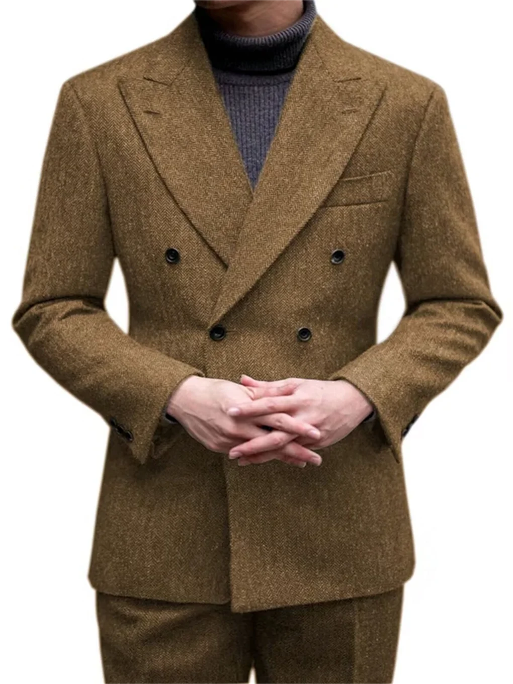 2-Piece Men's Grey/Brown Herringbone Pattern Suits Wool Business Suit ...