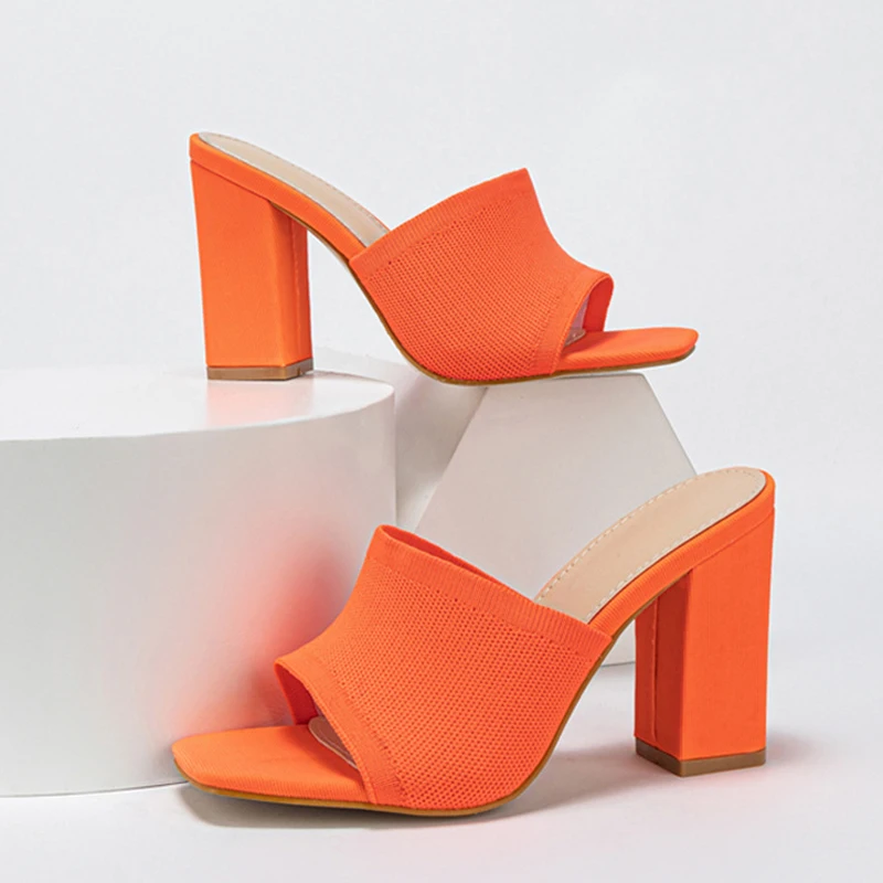 Liyke Orange Knitted Stretch Fabric Women's Thick Heels Slippers Summer ...