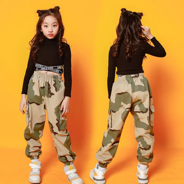 Kids Girls Hip Hop Clothing Set Black Tight T shirt camouflage pants ...