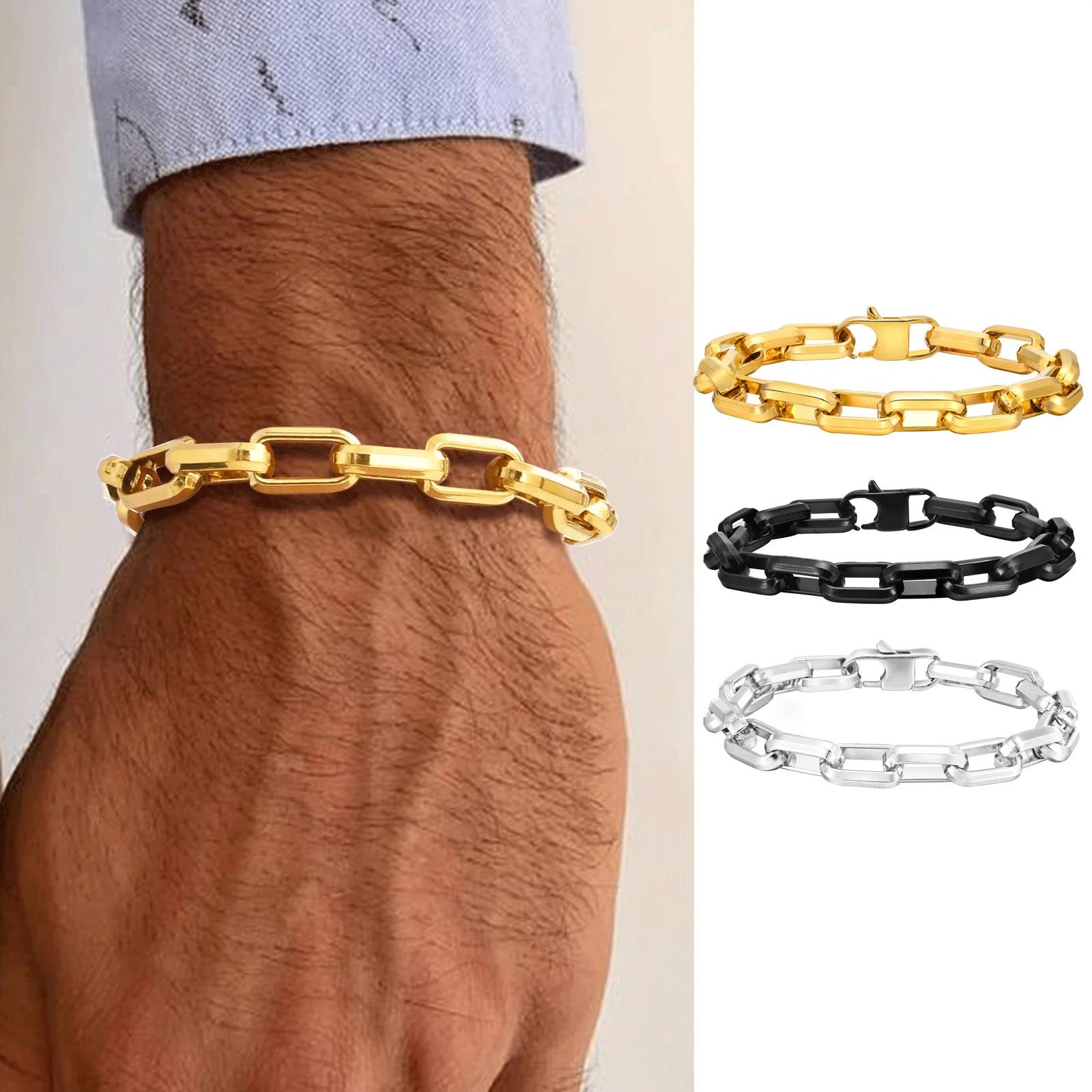 Rectangle-Chain-Bracelets-for-Men-Boys-21cm-Gold-Black-Silver-Color ...