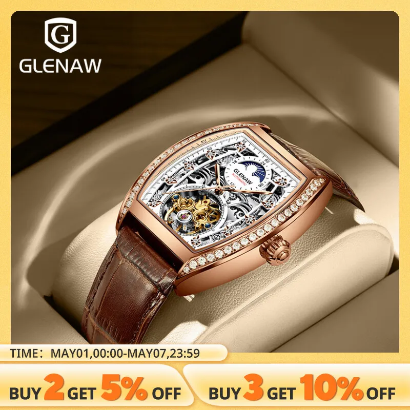 GLENAW-Watch-Men-Automatic-Mechanical-Square-Diamond-Hollow-Watch-for ...