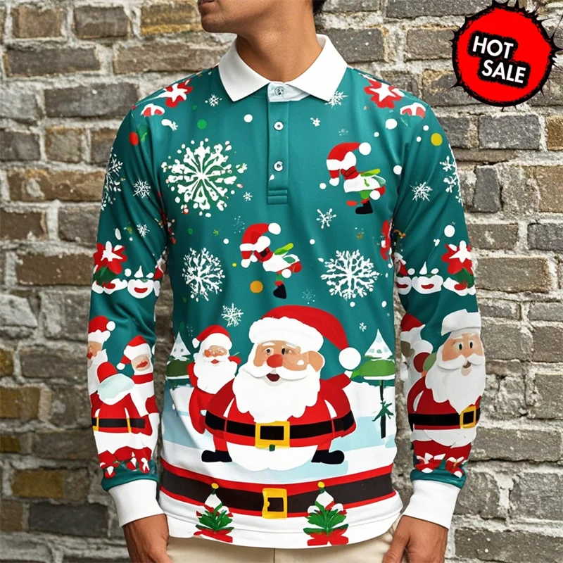 Polo T Shirt Man Christmas Tree Snowman Santa Claus 3d Printed Button ...