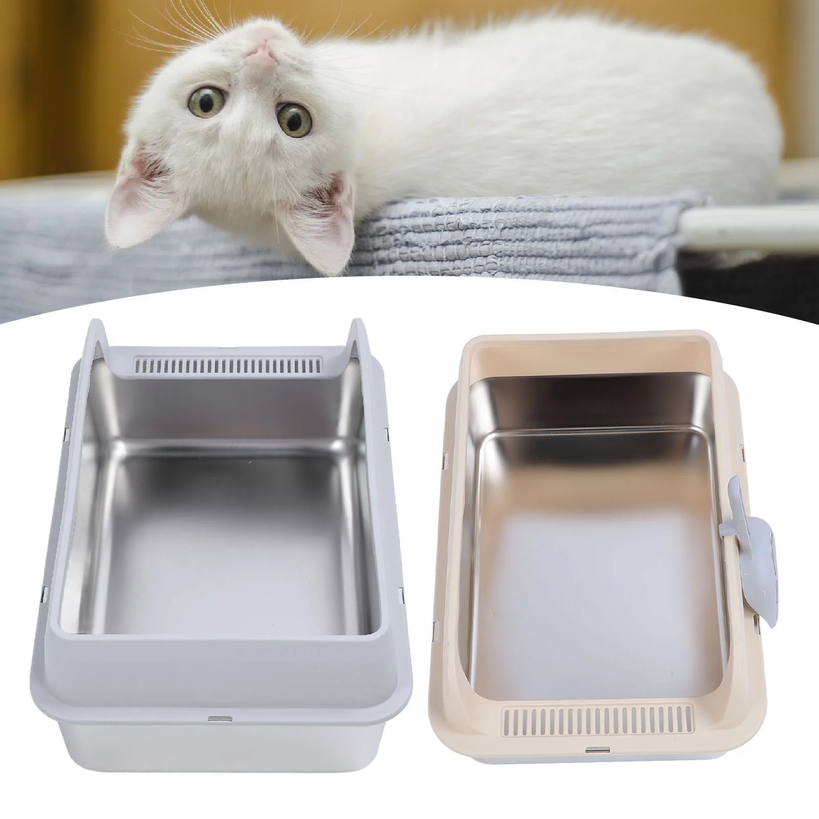 High Sided Metal Kitty Litter Pan Anti Stick Stainless Steel Cat Litter ...