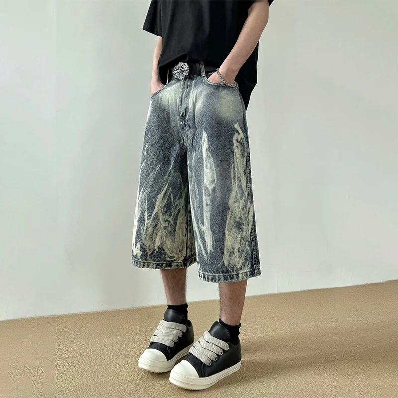 2026 New Flame Graphic Print Denim Shorts For Men Hip Hop Fashion ...