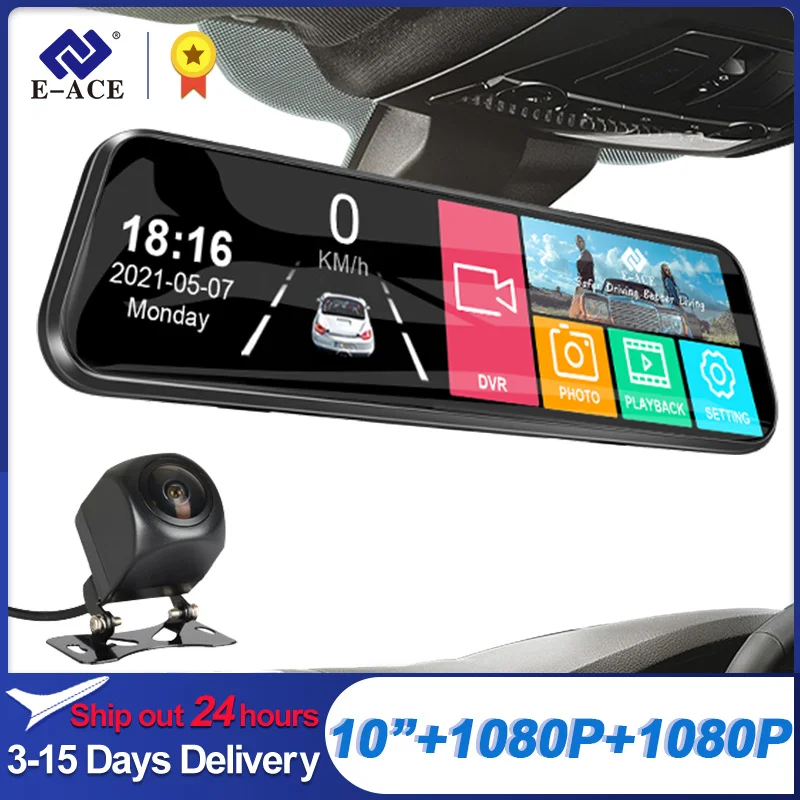 E-ace 10 Inch Car Dvr Mirror Video Recorder 1080p Touch Screen Dashcam ...