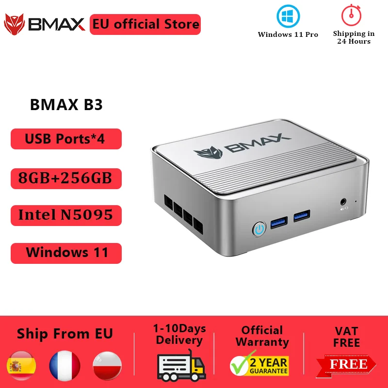 BMAX Mini PC Windows 11 Pro B3 8GB DDR4 256GB Jasper Lake N5095 (bis zu 2,9 GHz) M.2 SSD Mini ...
