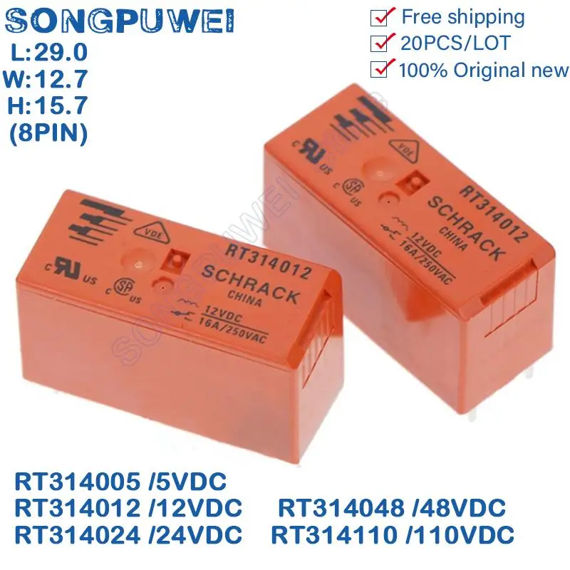 20Pcs/Lot Power relays RT314 8PIN 16A 250VAC Relay 5V 12V 24V 48V DC ...