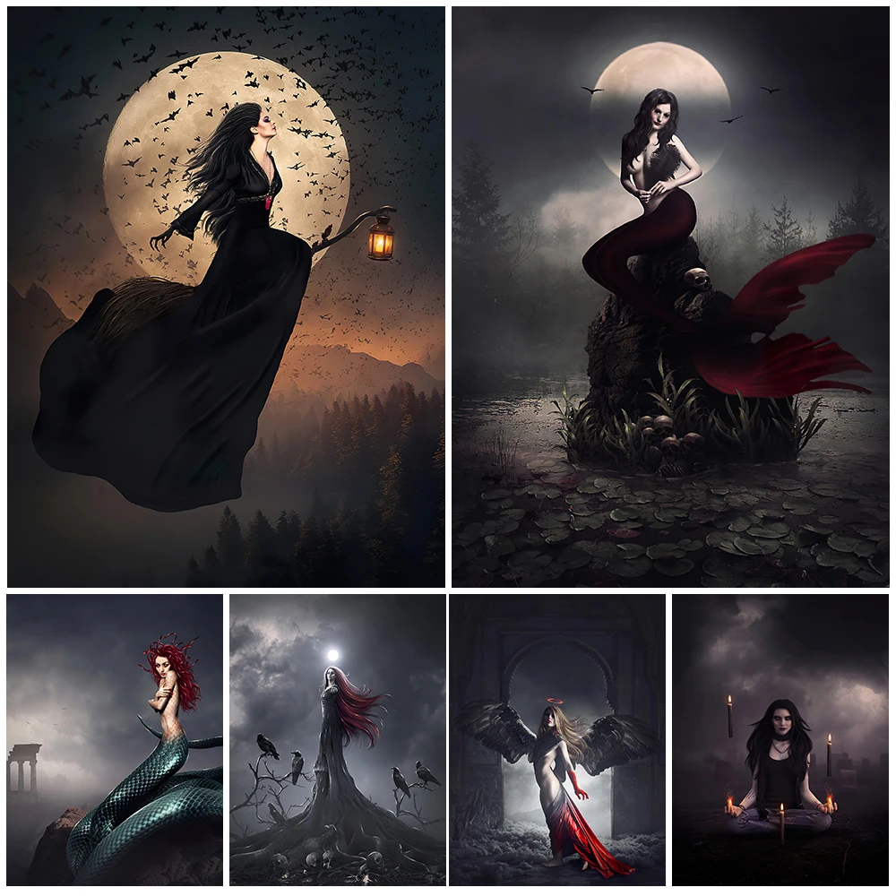 Snake-Haired-Witch-Mermaid-Siren-Wall-Art-Canvas-Painting-Raven-Witch ...
