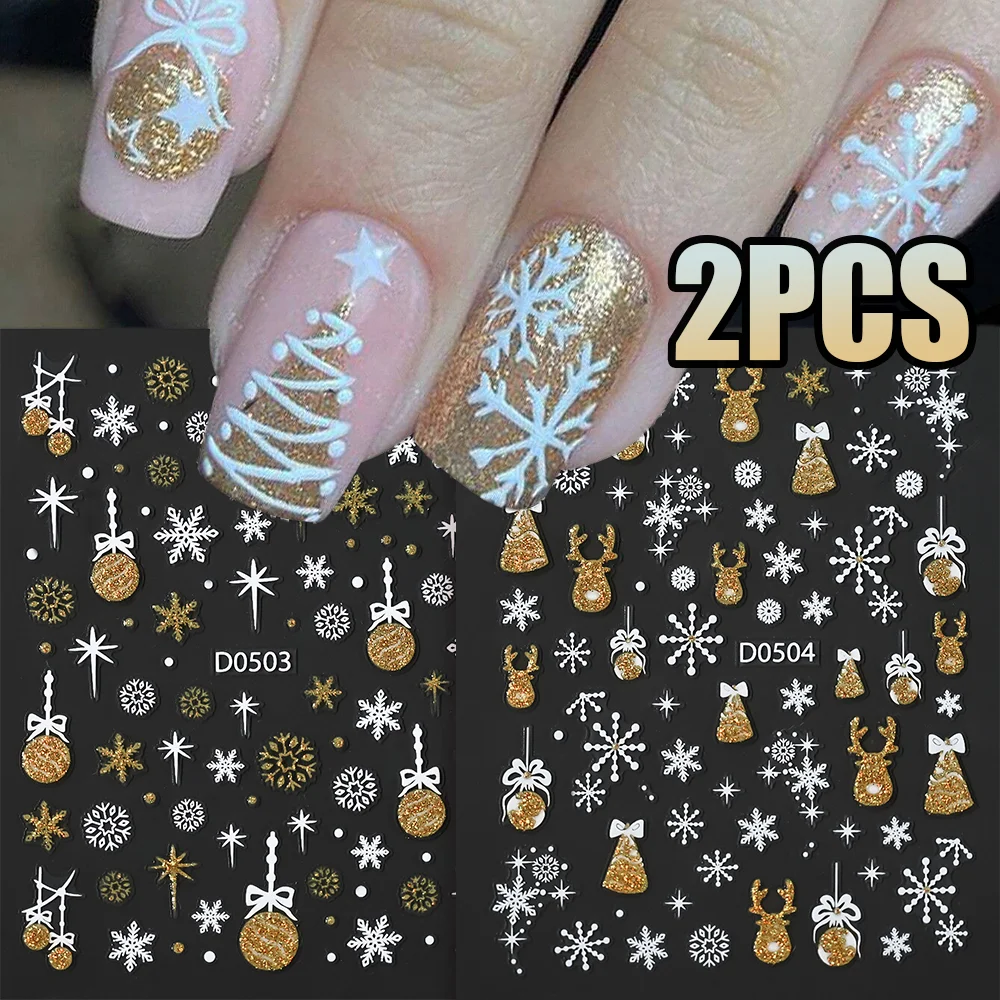 2/12PCS 3D Winter Christmas Nail Stickers Gold Silver Glitter Snowflake ...