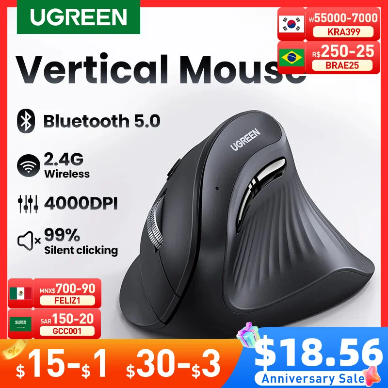 UGREEN Vertical Mouse Wireless Bluetooth5.0 2.4G for 18.97 USD with ...