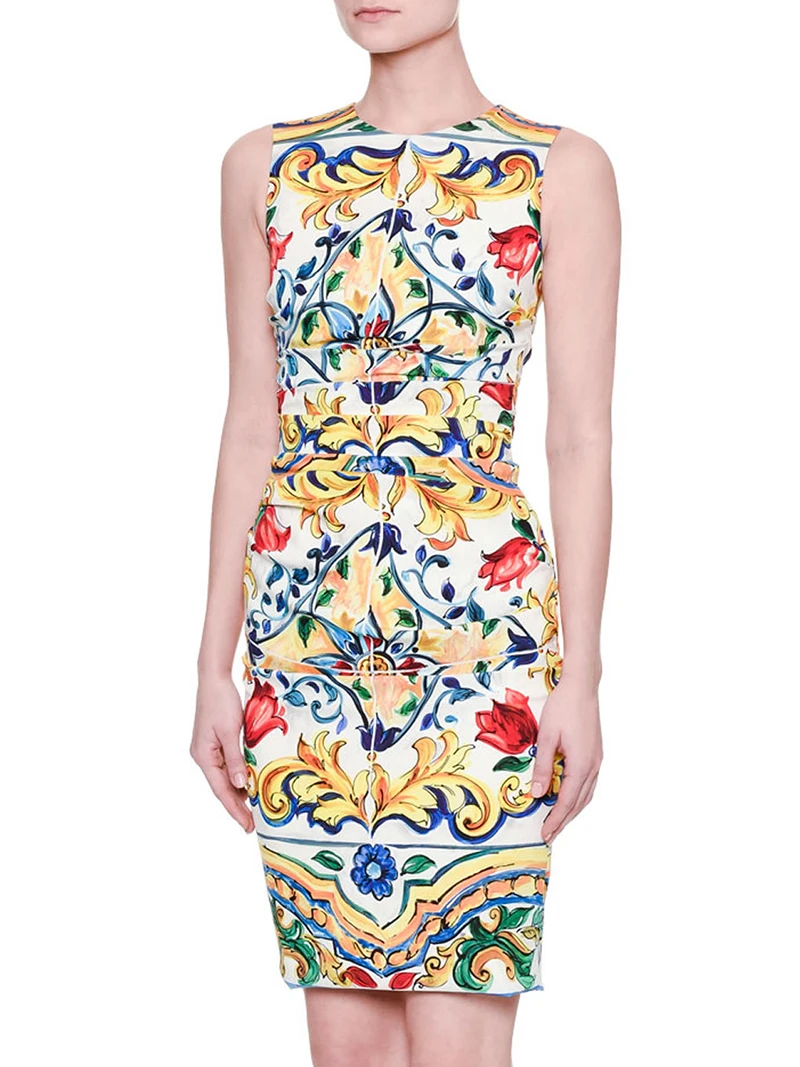 Fashion Print Women Sheath Dress Round Neck Sleeveless Dresses ...