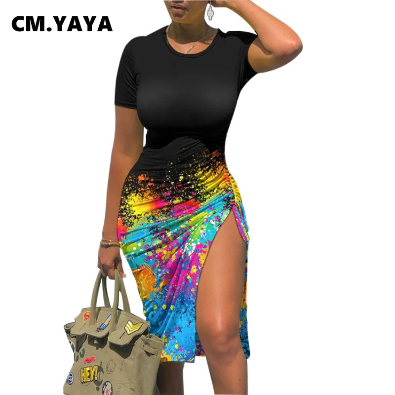 CM.YAYA Women Mini Dress Tie Dye Stretchy Draw String Slited Dresses ...