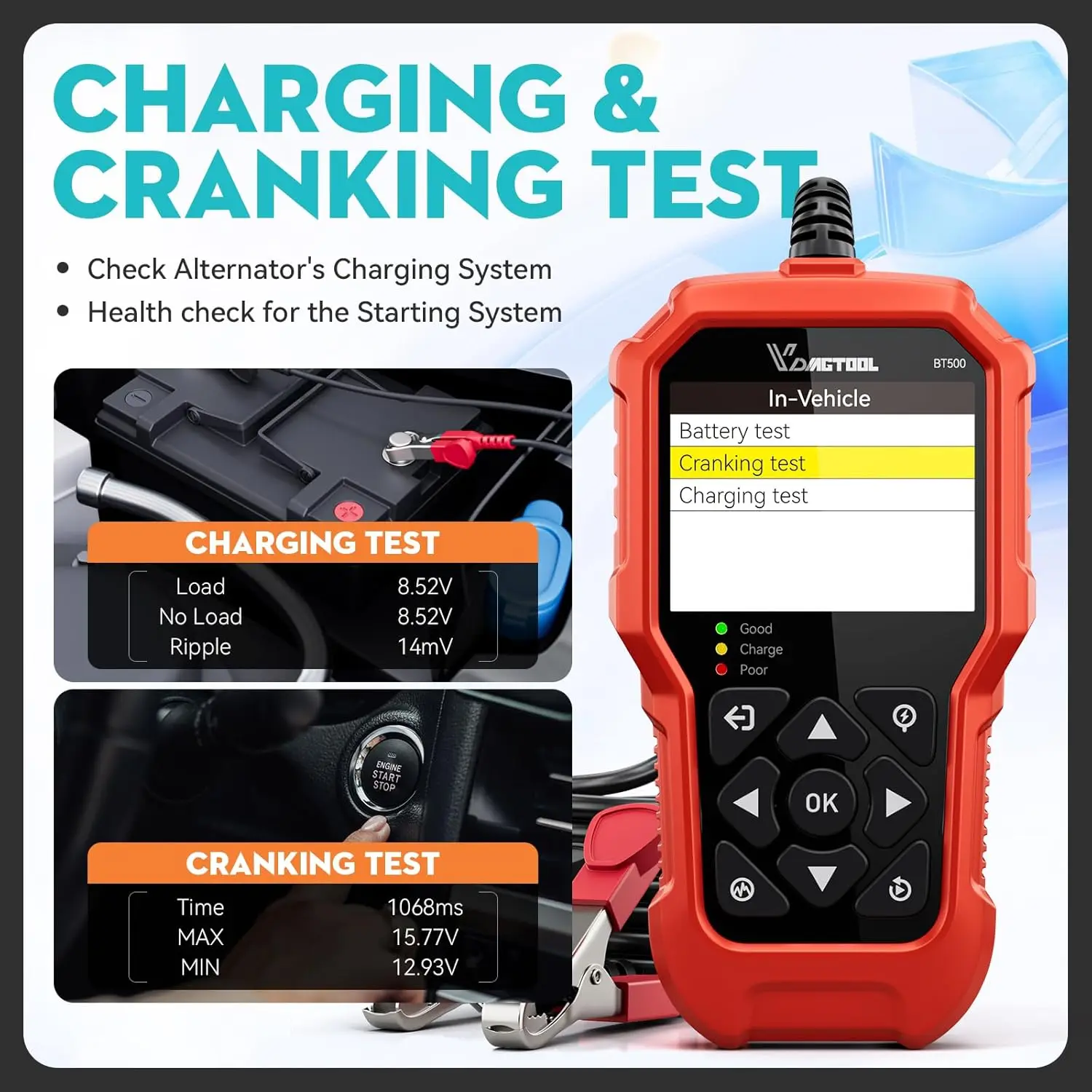 BT500 Car Battery Analyzer – 12V/24V 5–3000 CCA Test Tool
