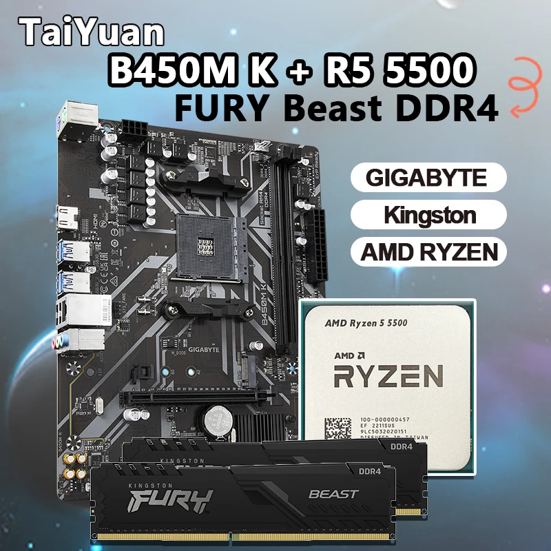 AMD-Ryzen-5-5500-R5-5500-CPU-GIGABYTE-GA-B450M-K-Motherboard-Kingston ...