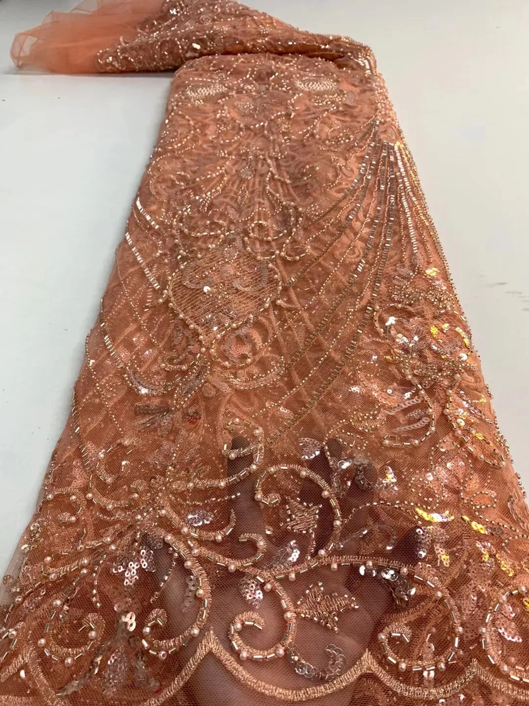 고급스러운 프랑스 수제 구슬 튜브 자수 장식 조각 얇은 명주 그물 메쉬 레이스 직물 2022 패션 나이지리아 숙녀 결혼식 파티