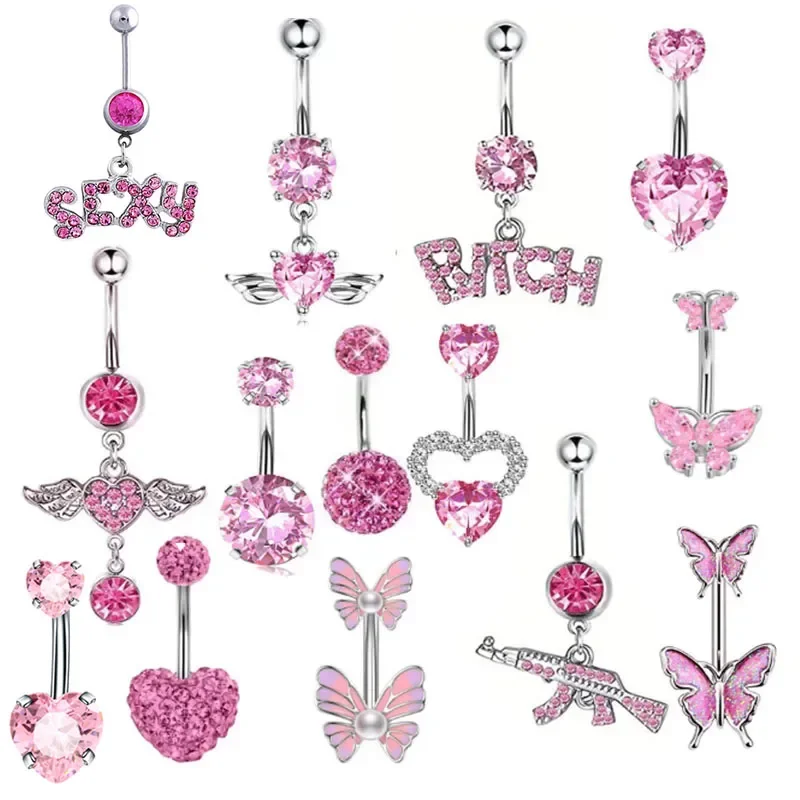 14G-Pink-Stainless-Steel-Butterfly-Navel-Belly-Button-Rings-Women ...