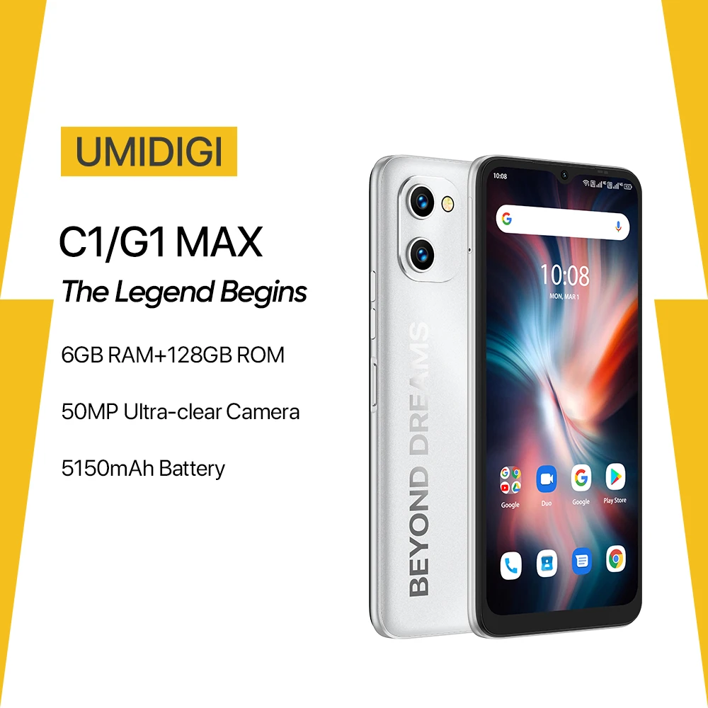 UMIDIGI C1 Max Smartphone, G1 Max, Unisoc T610, 6GB + 128GB, Câmera 50MP, Bateria 5150mAh, Dual ...