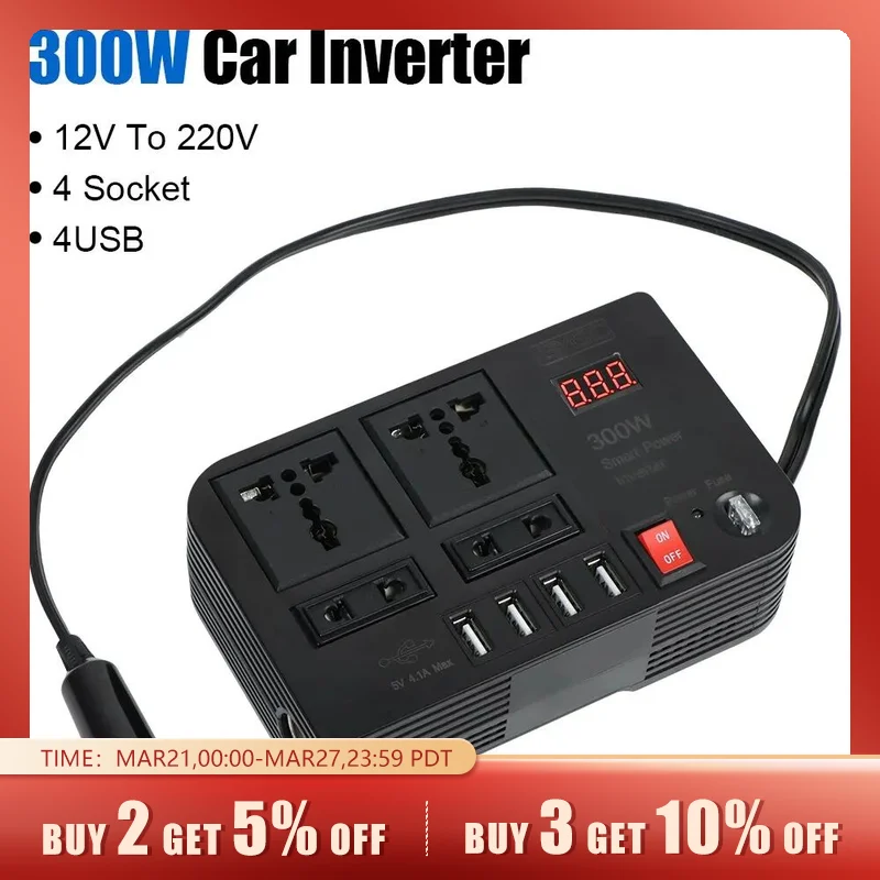 Overload Protection Car Inverter 4 AC Sockets 4 USB Ports ON/OFF Switch ...