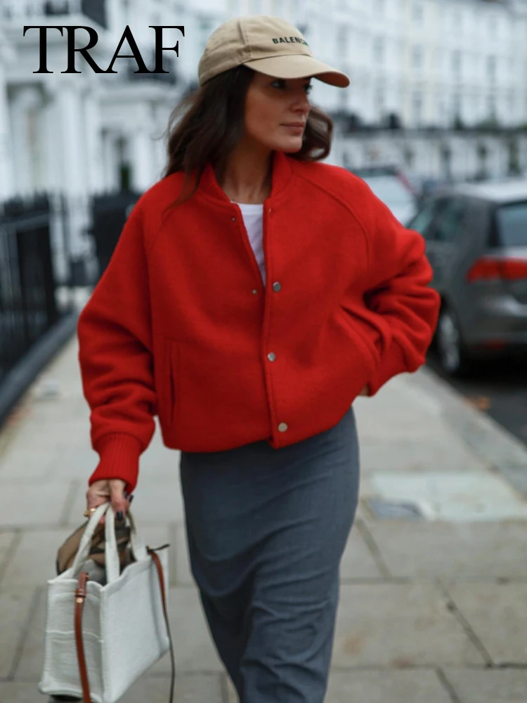 TRAF-2024-Spring-Women-s-Street-Red-Baseball-Bomber-Jackets-Female ...