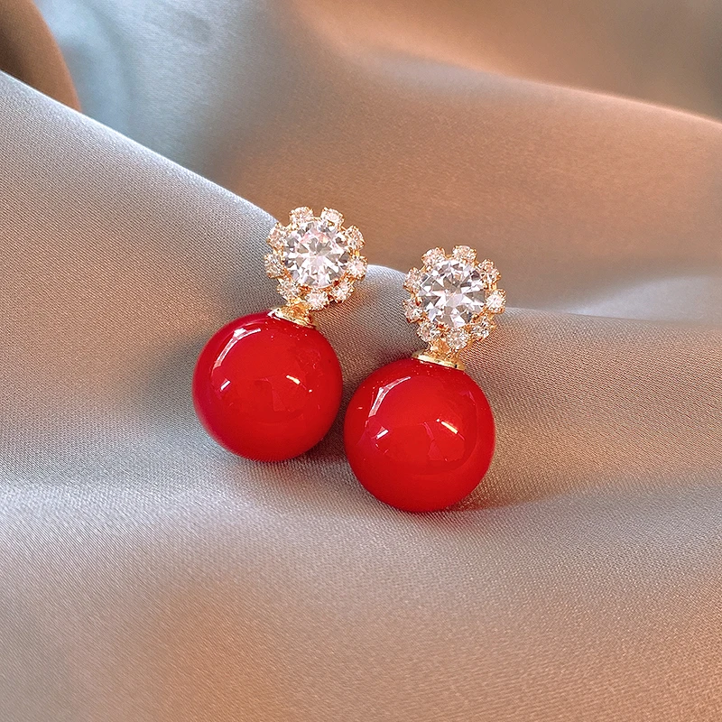 Flower-Zircon-Round-Red-Pearl-Earrings-for-Women-Light-Luxury ...
