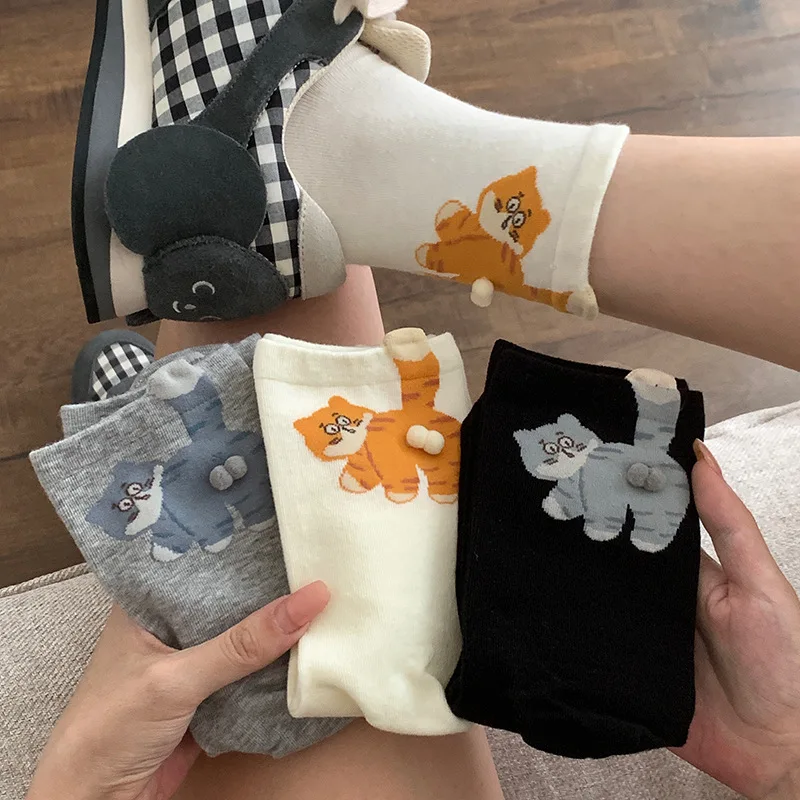 2pcs Cartoon Cute Cat Balls Cotton Socks Kawaii Hand Knitting Socks ...
