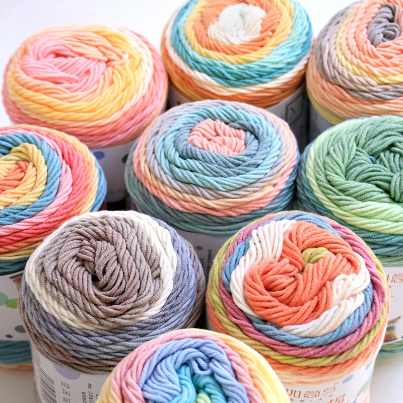 100g Colorful Cotton Blended Yarns 2mm Five-colored Space Dye Rainbow ...
