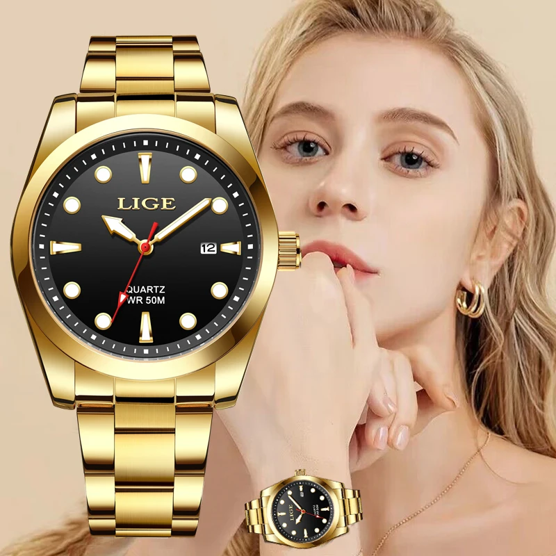 LIGE-Ladies-Wristwatch-Luxury-Waterproof-Luminous-Date-Golden-Watch-For ...
