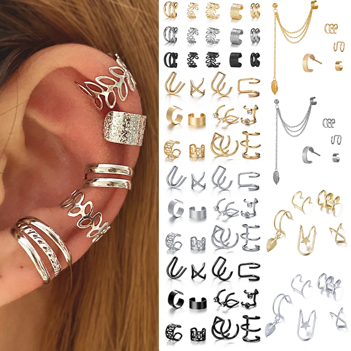 Gold-Silver-Color-Leaves-Ear-Cuffs-Ear-Clip-Earrings-for-Women-Simple-C ...
