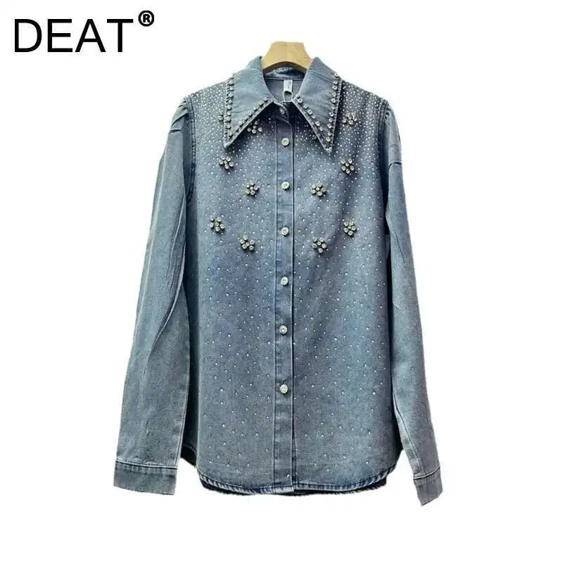DEAT Women's Denim Shirt Full Rhinestone Diamonds Buttons Loose Female ...