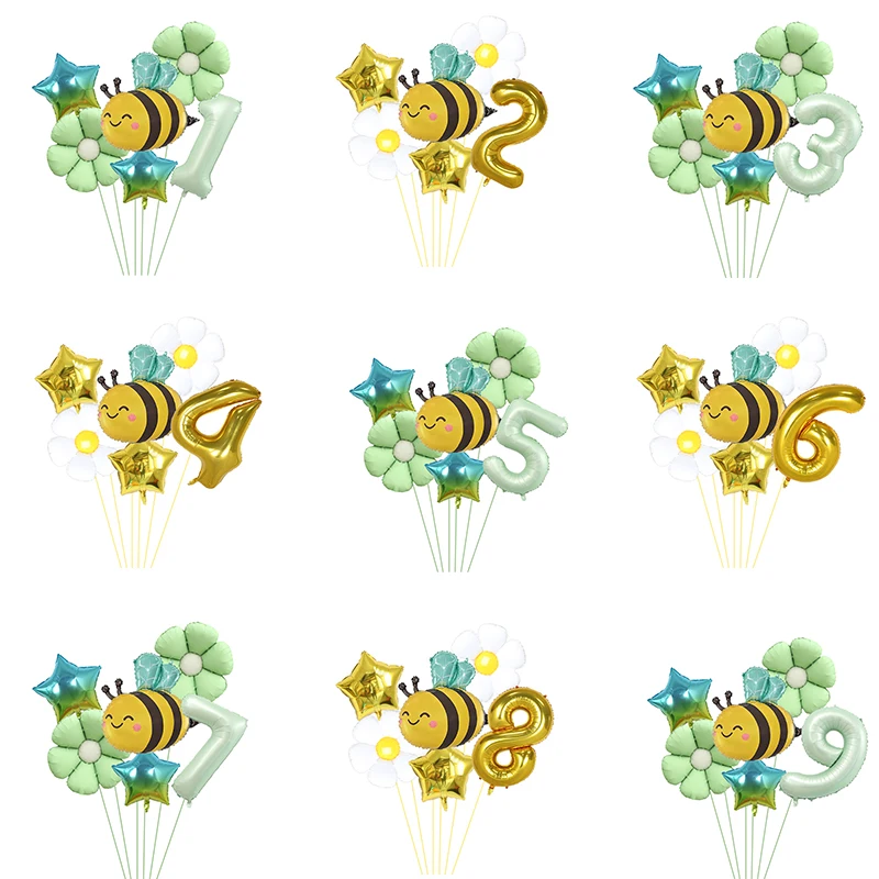 6pcs Cute Bee Daisy 32 Inch 0-9 Gold Numbers Foil Balloon Kids Toys ...