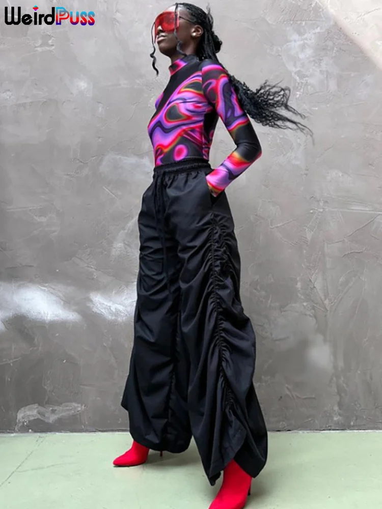 Weird-Puss-Wide-Leg-Pants-Women-Y2K-Solid-Pocket-Lace-Up-Ruched-Loose ...