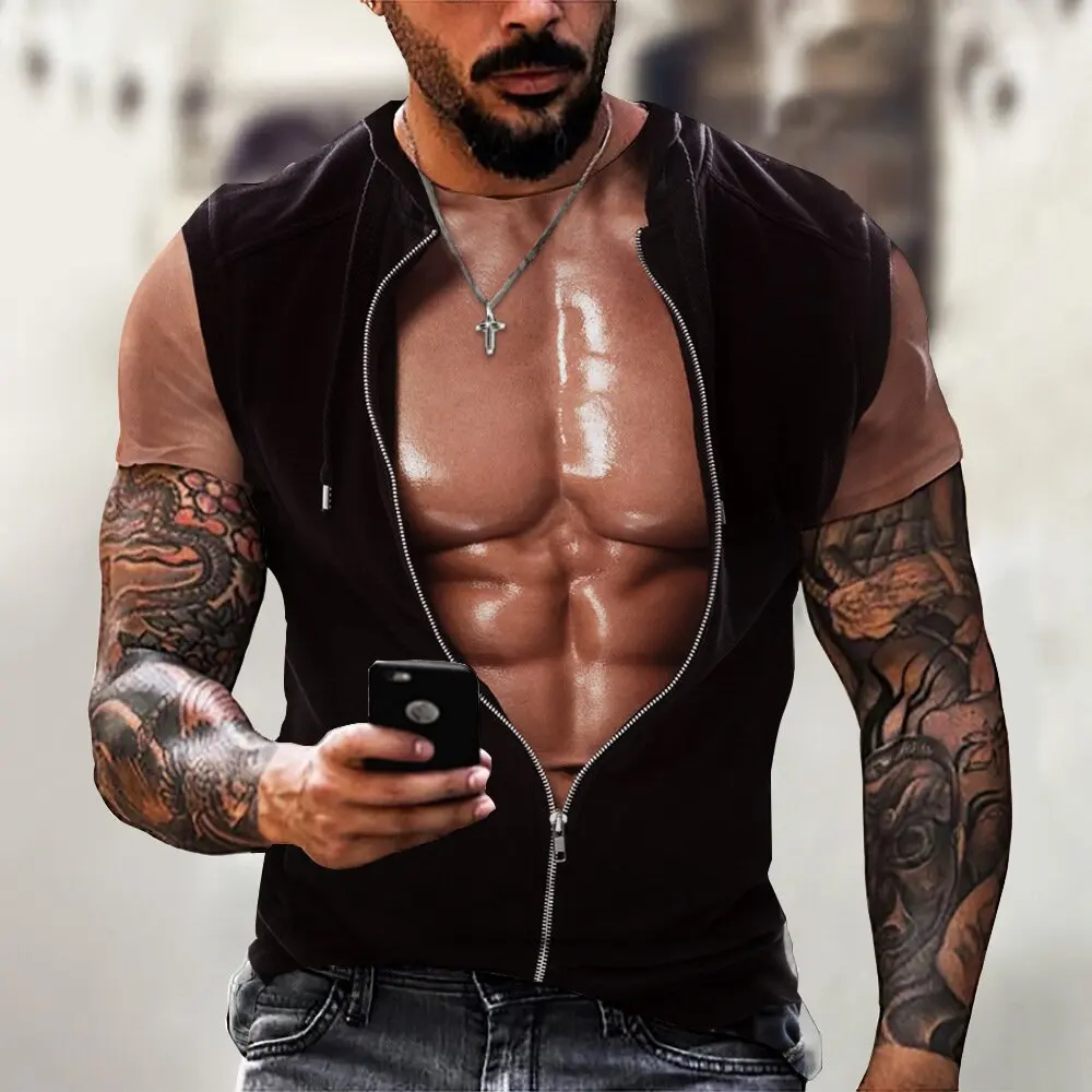 Oversized T Shirt Men's False Muscle T-shirt 3d Print Chest Strong ...
