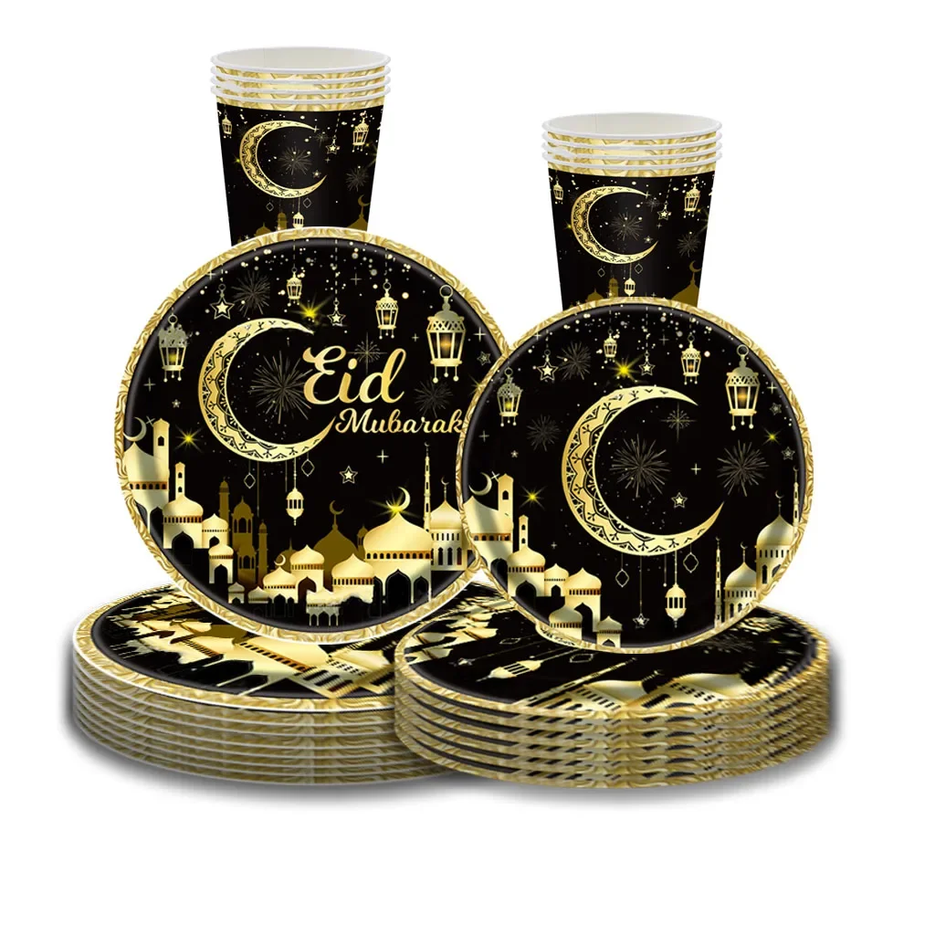 Eid-Al-Fitr-Black-Gold-MoonDisposable-Tableware-Eid-Paper-Plate-Napkin ...