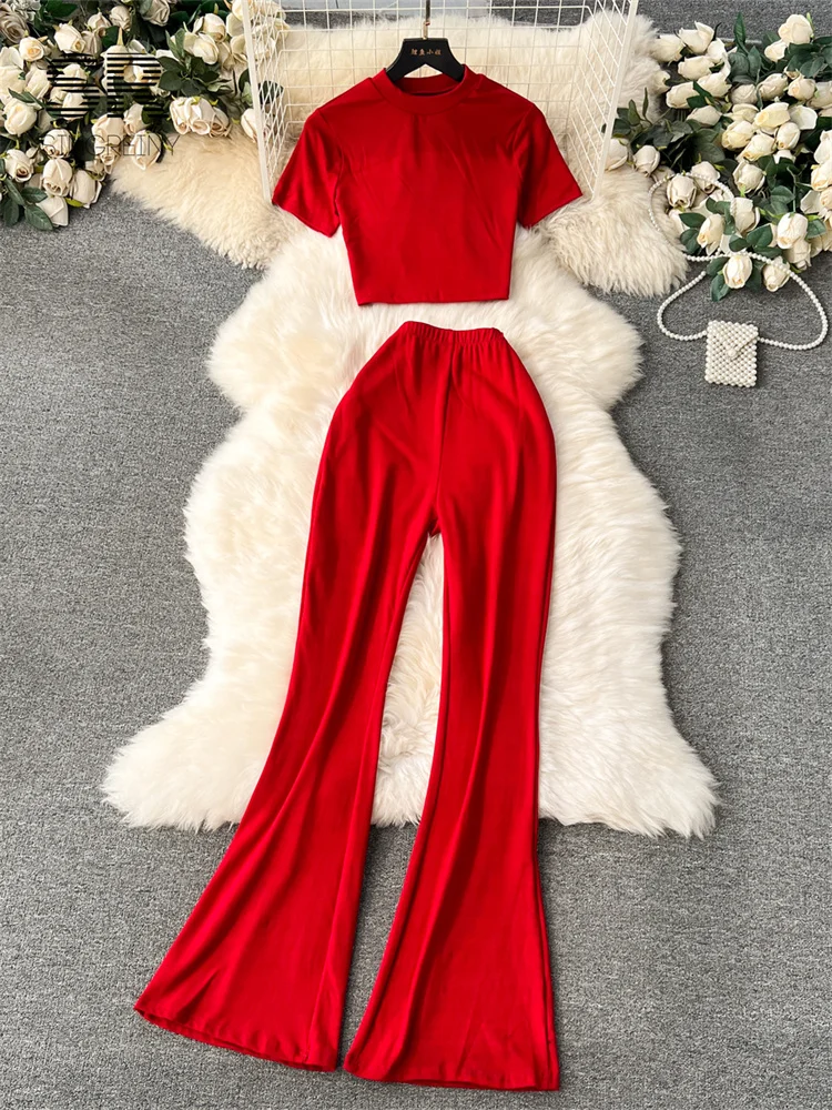 Singreiny Basic Fashion Two Piece Set Women O Neck Short Top Elastic