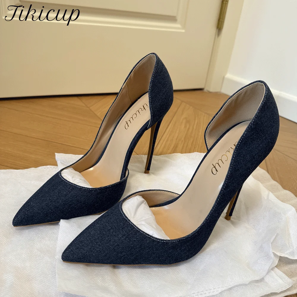 Tikicup Classic Denim Pointed-Toe High Heels for Women Slim Stiletto ...