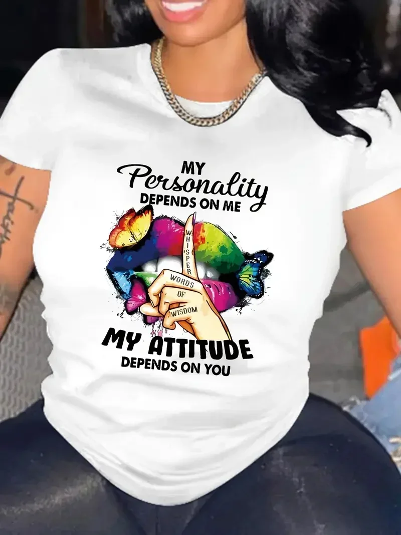 Plus-Size-Slogan-Lip-Print-Short-Sleeve-T-shirt-Women-s-Plus-Medium ...