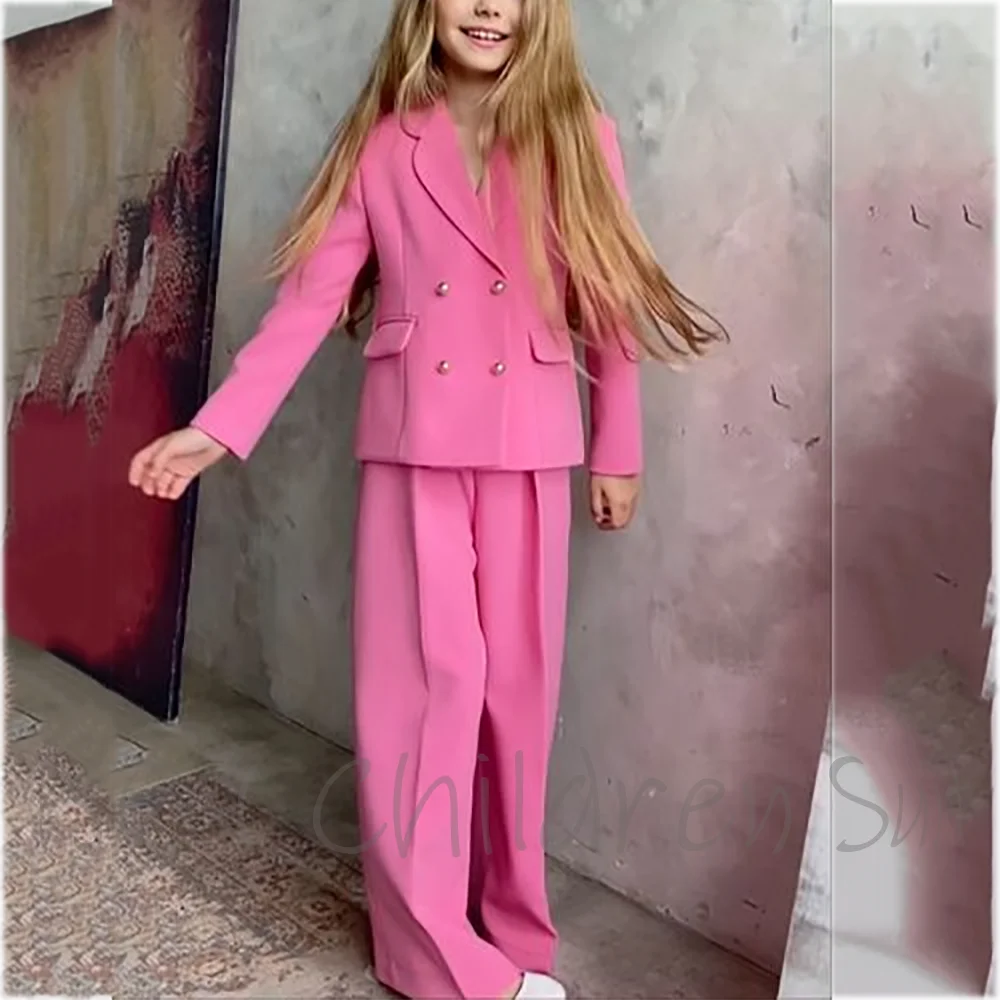 Stylish Kids Girls Suit Pink Double Breasted Elegant Girl Outfit Notch ...
