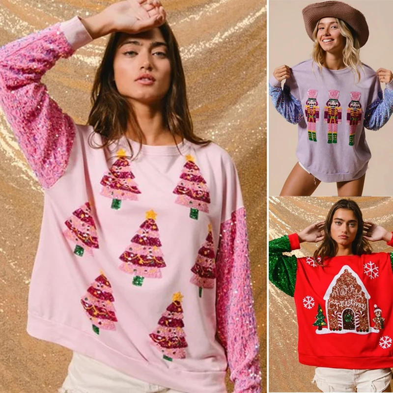 Camisola-de-lantejoulas-de-Natal-feminina-blusa-com-gola-O-pul-ver ...