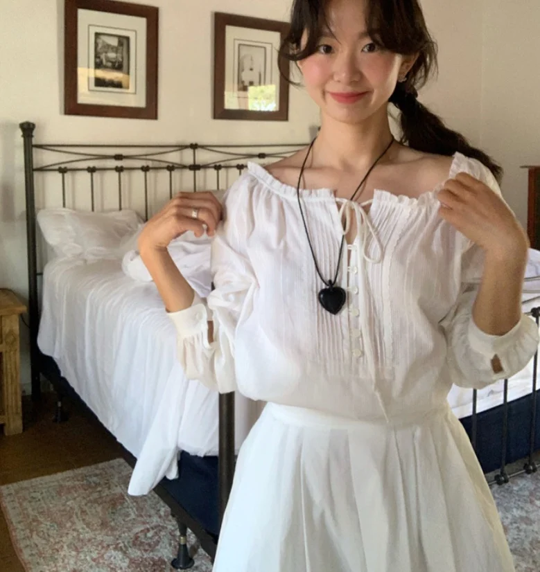 Miss Candy Han the Barnnet Eight Milk 레이스 업 퓨어 레이스, 긴 소매 레이스 화이트 셔츠 스택 ...