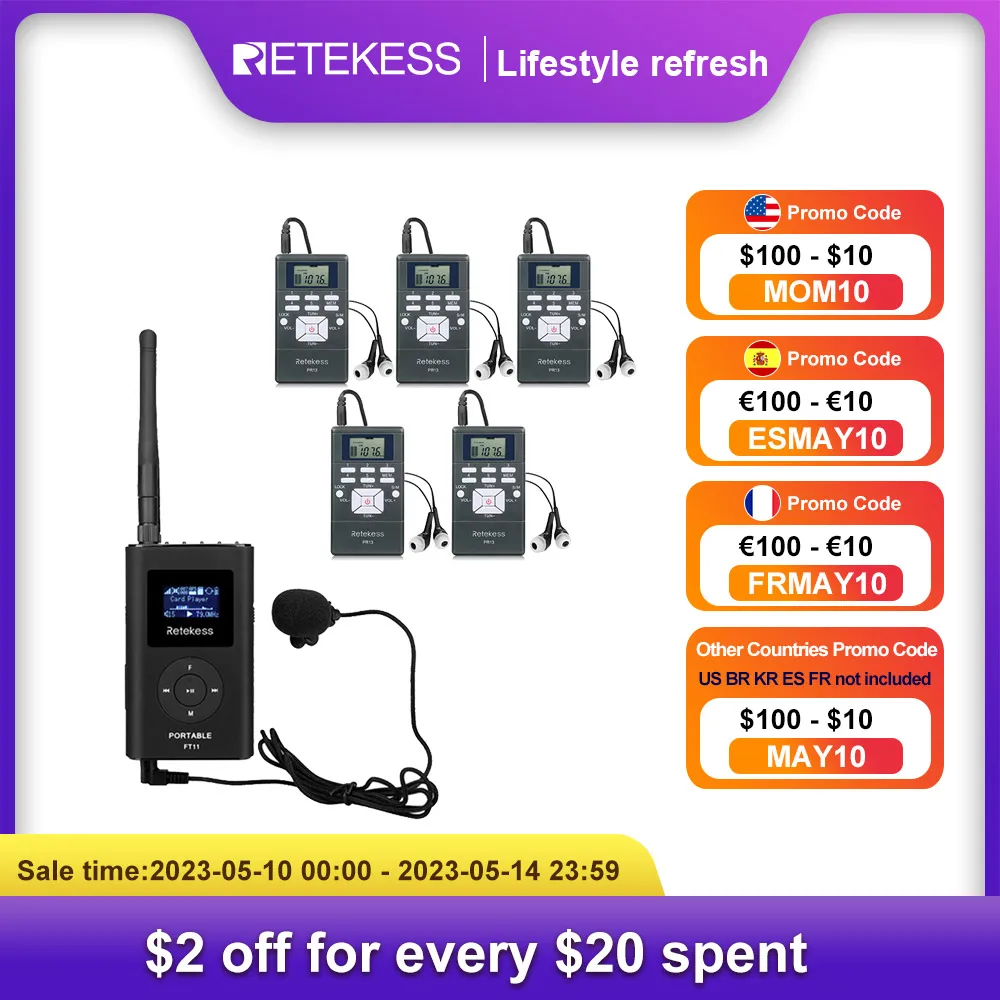 Retekess Ft11 Fm Transmitter+5pcs Fm Radio Receiver Pr13 Wireless Voice Transmission System Tour ...