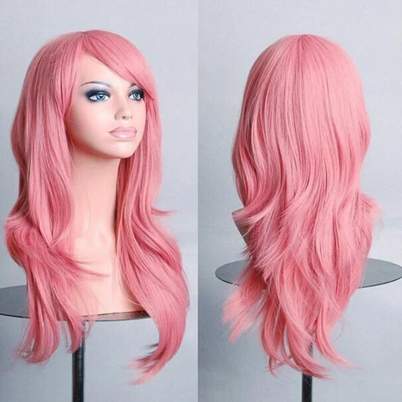 70cm-Long-Pink-Wavy-Halloween-Custume-Wigs-Fake-Hairpieces-Synthetic ...