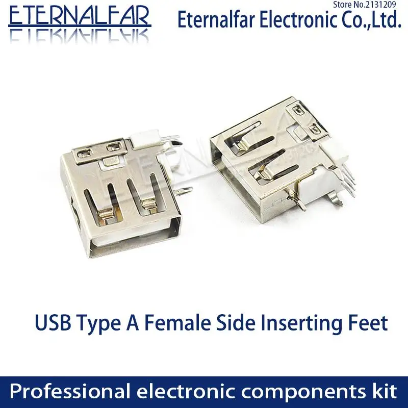USB 2.0 Type A Female 5PIN DIP Short Body Side Insert Curved Foot Flat ...